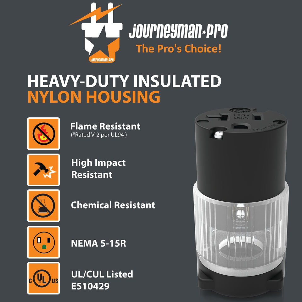 20 AMP - 125 VOLT STRAIGHT BLADE LIGHTED FEMALE CONNECTOR PLUG (NEMA 5