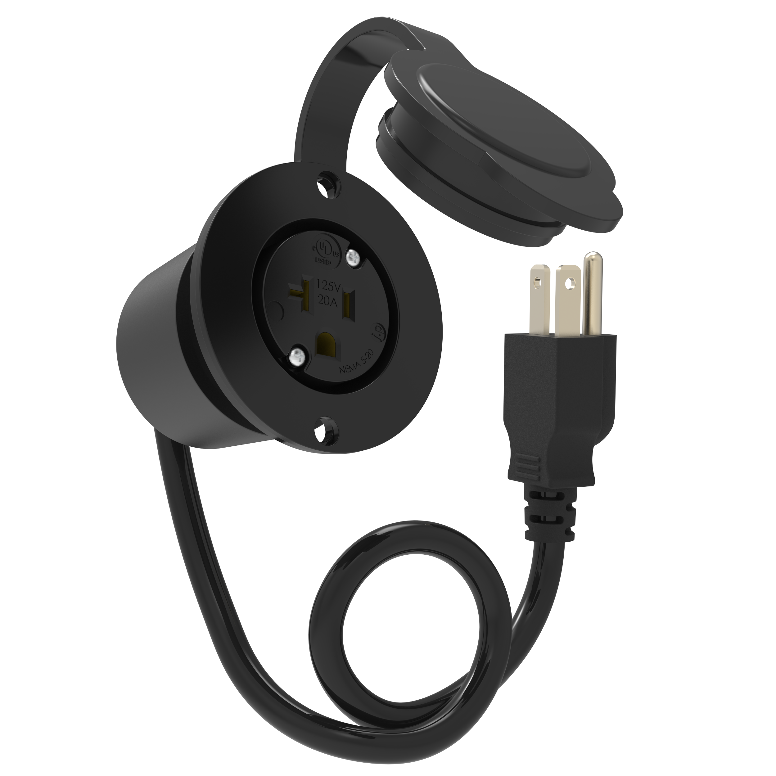 20 AMP - 125 VOLT - FLANGED POWER OUTLET PORT PLUG (NEMA 5-20R) Black